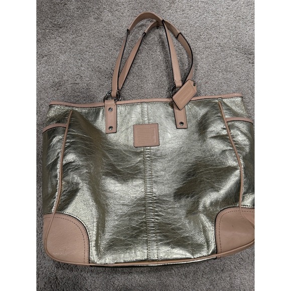 Coach | Bags | Coach Metallic Gold Leather Tote Bag Beige Trim Shoulder ...